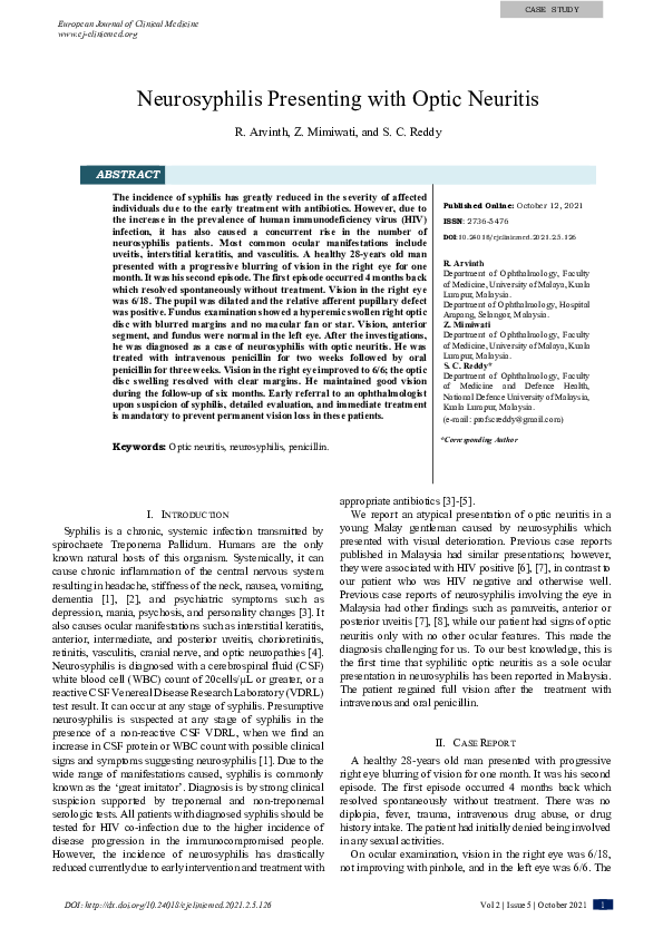 (PDF) Neurosyphilis Presenting with Optic Neuritis