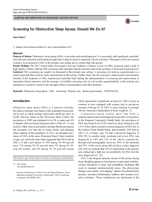 (PDF) Screening for Obstructive Sleep Apnea: Should We Do It?