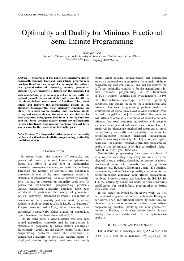 (PDF) Optimality and Duality for Minimax Fractional Semi-Infinite Programming