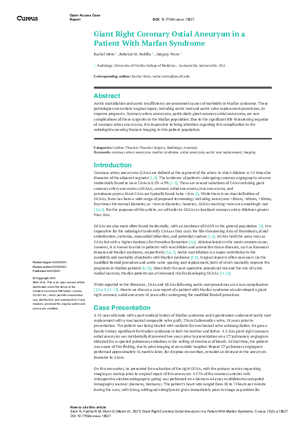 (PDF) Giant Right Coronary Ostial Aneurysm in a Patient With Marfan ...