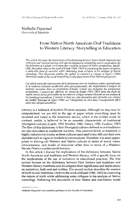 (PDF) From Native North American Oral Traditions to Western Literacy ...