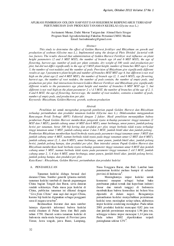 (PDF) APLIKASI PEMBERIAN GOLDEN HARVEST DAN RHIZOBIUM BERPENGARUH TERHADAP PERTUMBUHAN DAN ...
