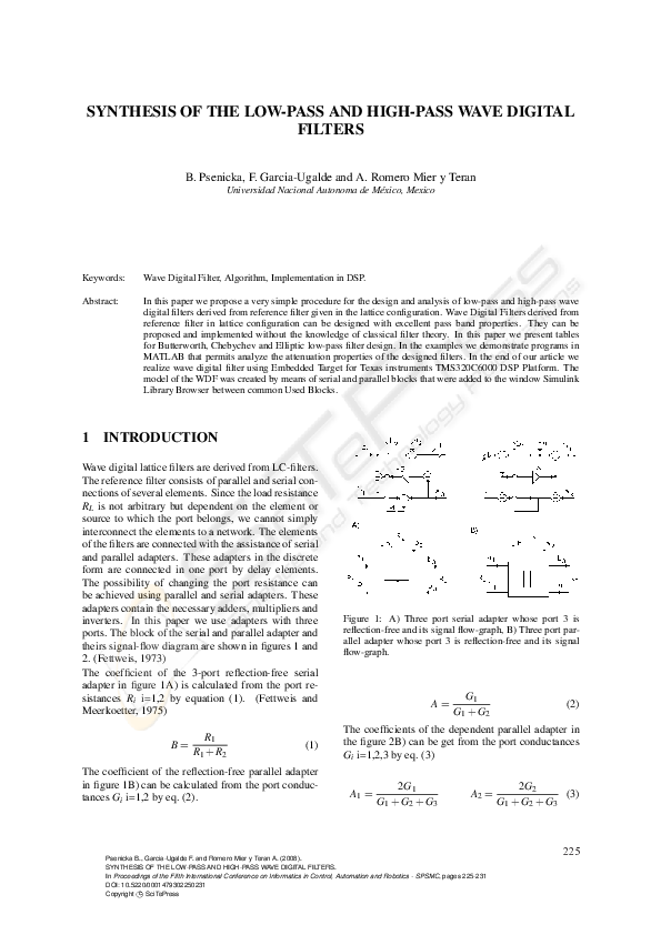 (PDF) Synthesis of the Low-Pass and High-Pass Wave Digital Filters