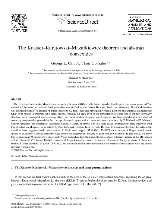 (PDF) The Knaster–Kuratowski–Mazurkiewicz theorem and abstract convexities