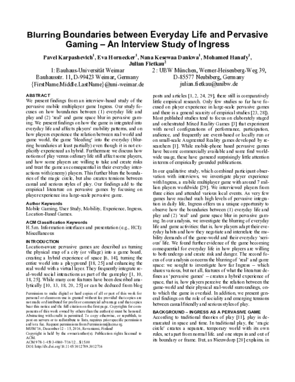 (PDF) Blurring boundaries between everyday life and pervasive gaming
