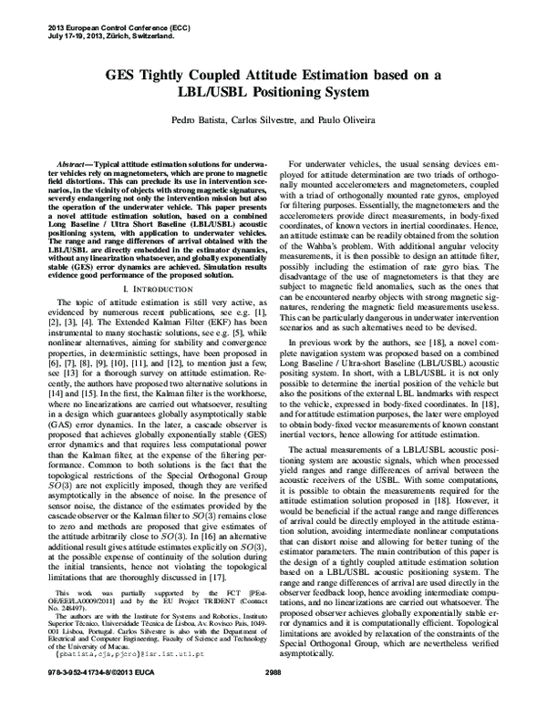 (PDF) GES tightly coupled attitude estimation based on a LBL/USBL positioning system | PEDRO ...