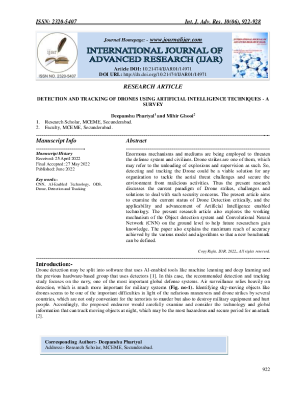 Pdf Detection And Tracking Of Drones Using Artificial Intelligence