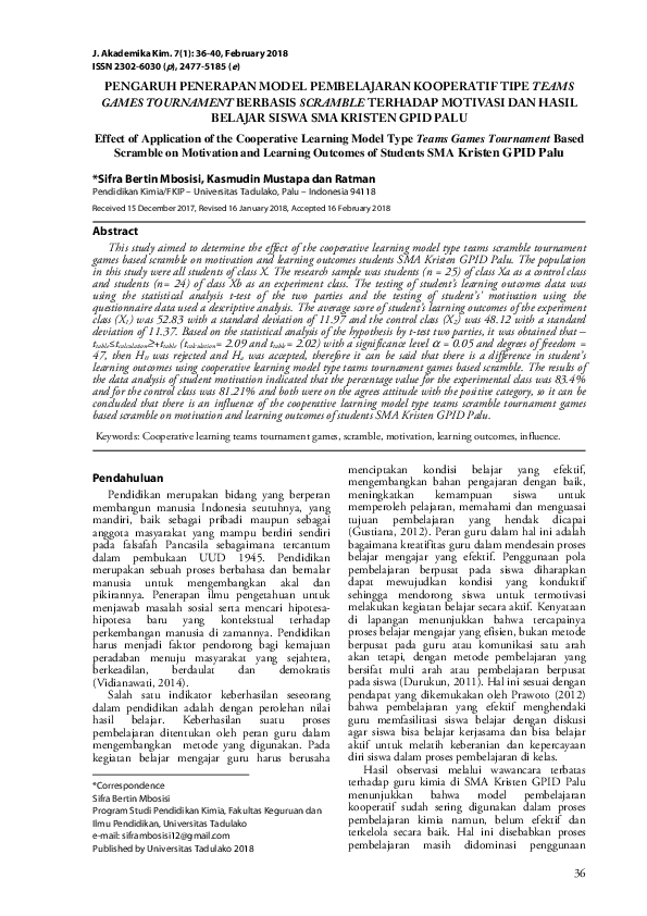 (PDF) Pengaruh Penerapan Model Pembelajaran Kooperatif Tipe Teams Games Tournament Berbasis ...