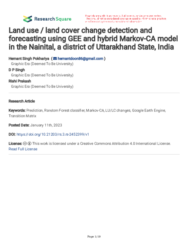 (PDF) Land use / land cover change detection and forecasting using GEE and hybrid Markov-CA ...