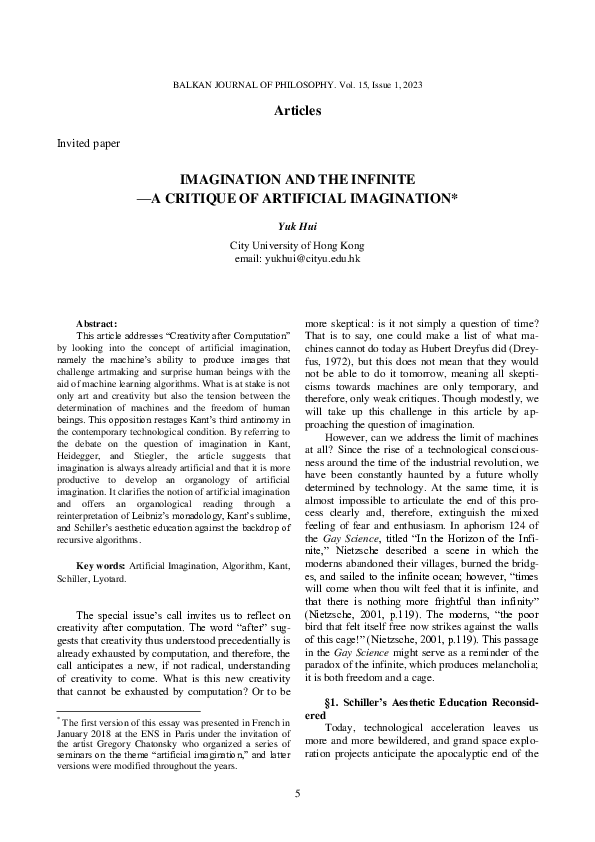 (PDF) IMAGINATION AND THE INFINITE -A CRITIQUE OF ARTIFICIAL IMAGINATION