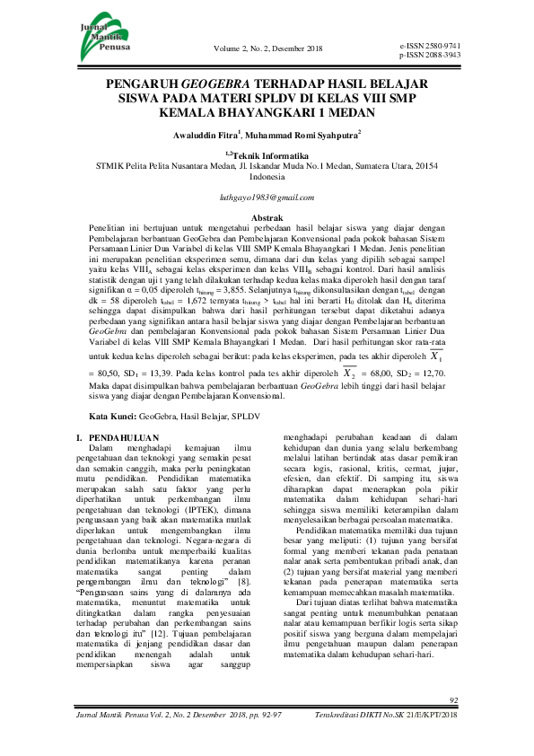 (PDF) Pengaruh Geogebra Terhadap Hasil Belajar Siswa Pada Materi SPLDV DI Kelas VIII SMP Kemala ...