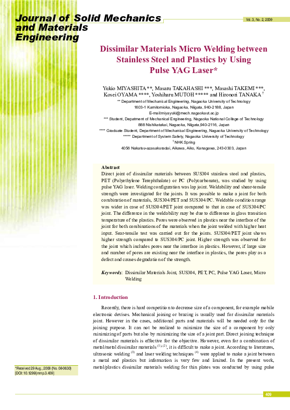 (PDF) Dissimilar Materials Micro Welding between Stainless Steel and Plastics by Using Pulse YAG ...