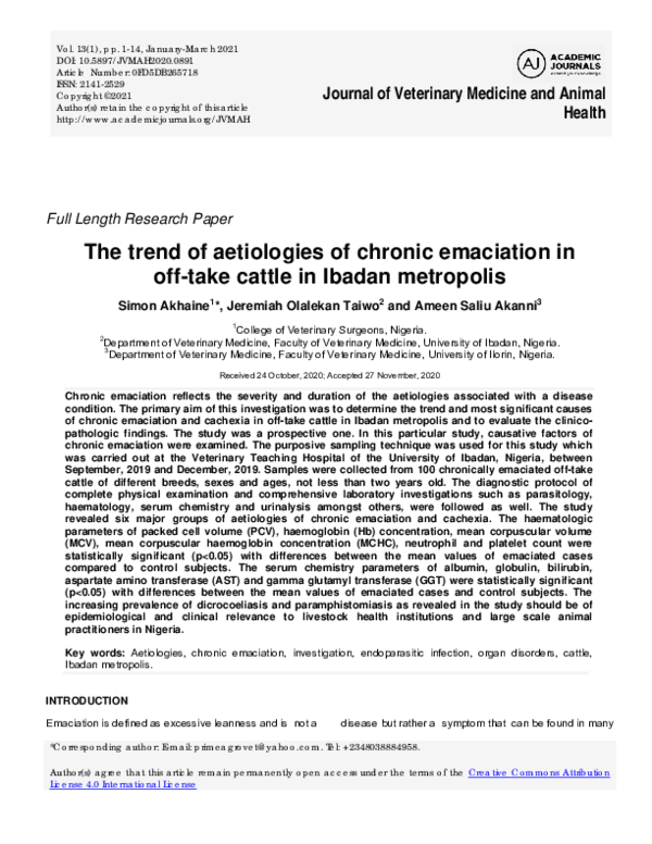 (PDF) The trend of aetiologies of chronic emaciation in off-take cattle ...