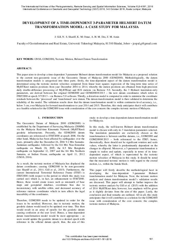 Pdf Development Of A Time Dependent 3 Parameter Helmert Datum