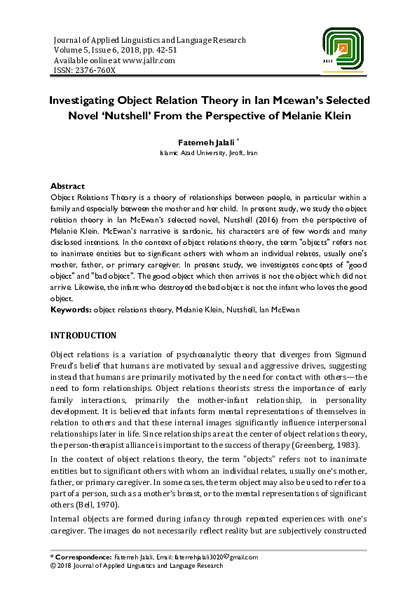 Pdf Investigating Object Relation Theory In Ian Mcewans Selected Novel ‘nutshell From The