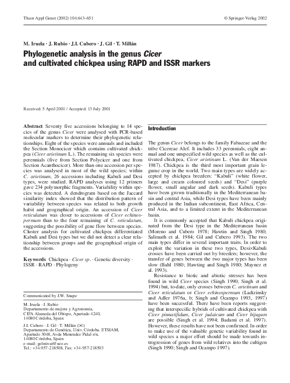 (PDF) Phylogenetic analysis in the genus Cicer and cultivated chickpea ...