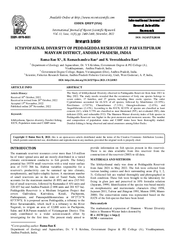 (PDF) ICTHYOFAUNAL DIVERSITY OF PEDDAGEDDA RESERVOIR AT PARVATIPURAM ...