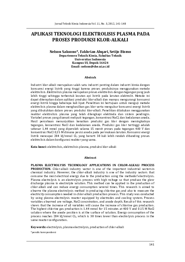 (PDF) Aplikasi teknologi elektrolisis plasma pada proses produksi Klor-Alkali