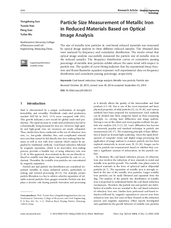 (PDF) Particle Size Measurement of Metallic Iron in Reduced Materials Based on Optical Image ...