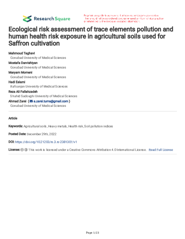 (PDF) Ecological risk assessment of trace elements pollution and human ...