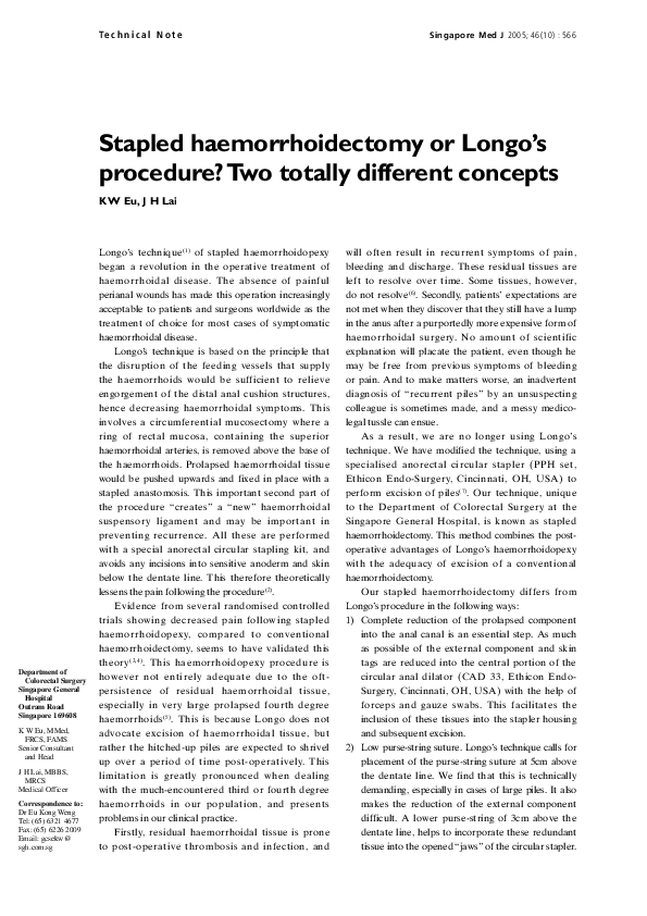 (PDF) Stapled haemorrhoidectomy or Longo's procedure? Two totally ...