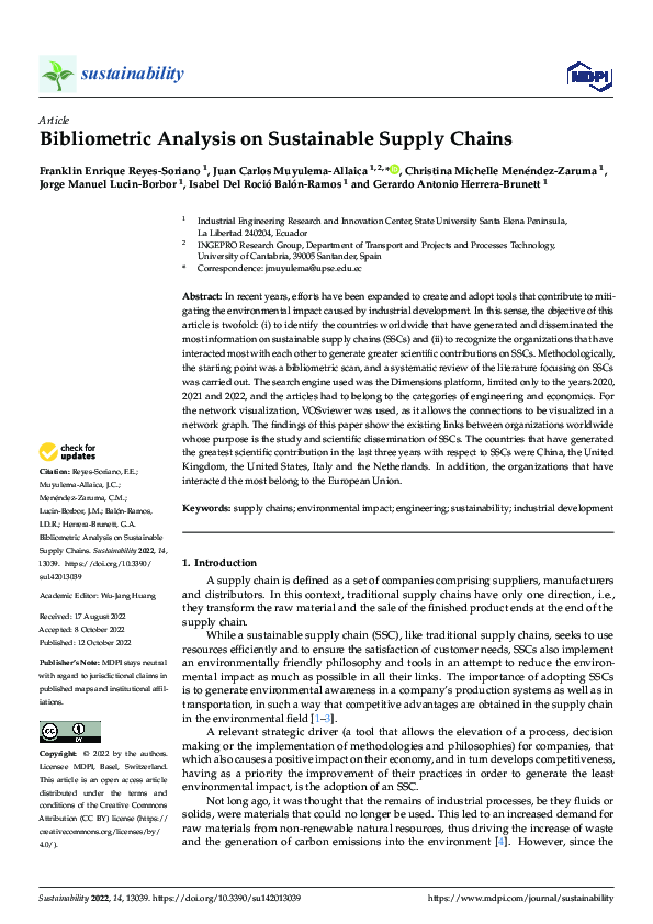 (PDF) Bibliometric Analysis on Sustainable Supply Chains