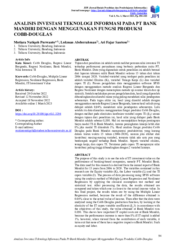 (PDF) Analisis Investasi Teknologi Informasi Pada PT Bank Mandiri Dengan Menggunakan Fungsi ...