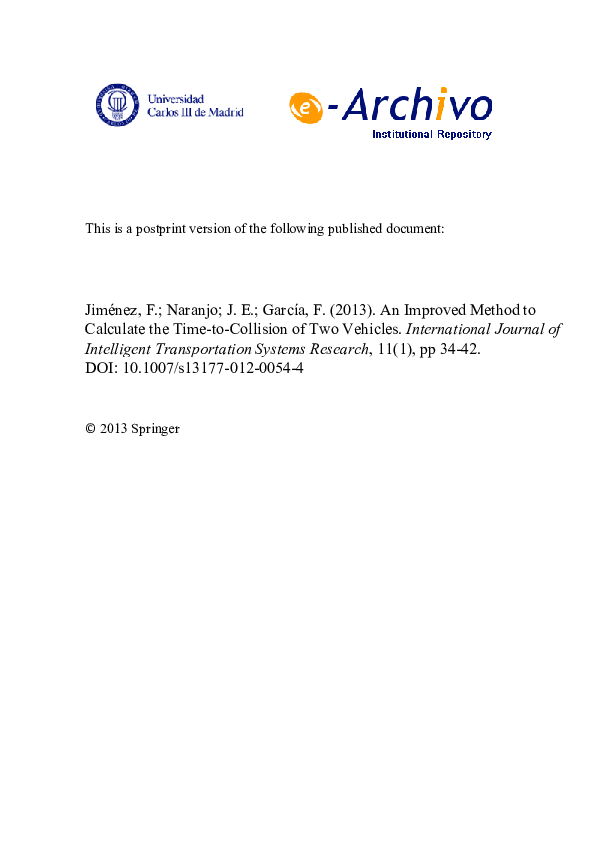 (PDF) An Improved Method to Calculate the Time-to-Collision of Two Vehicles