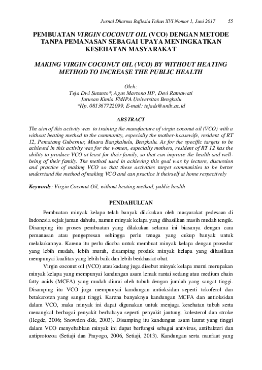 (PDF) Pembuatan Virgin Coconut Oil (Vco) Dengan Metode Tanpa Pemanasan Sebagai Upaya ...