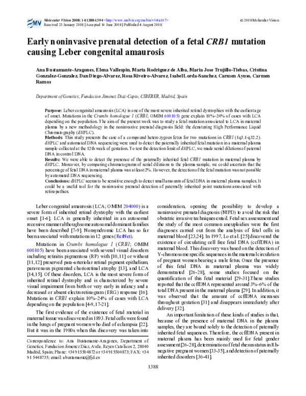(PDF) Early noninvasive prenatal detection of a fetal CRB1 mutation causing Leber congenital ...