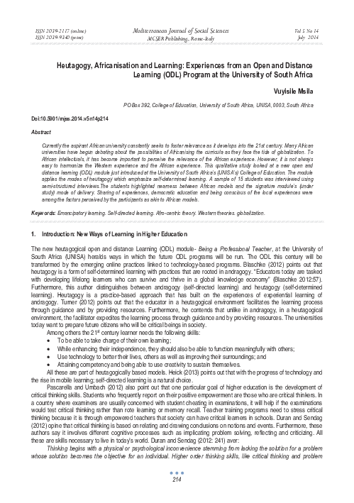 (PDF) Heutagogy, Africanisation and Learning: Experiences from an Open and Distance Learning ...