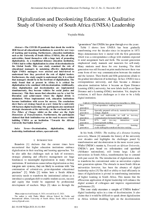 (PDF) Digitalization and Decolonizing Education: A Qualitative Study of University of South ...