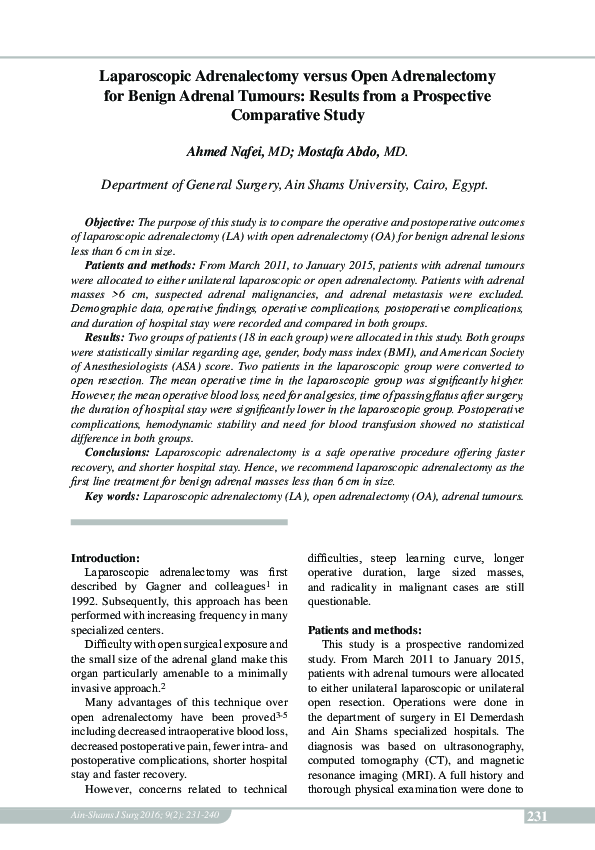 (PDF) Laparoscopic Adrenalectomy versus Open Adrenalectomy for Benign ...