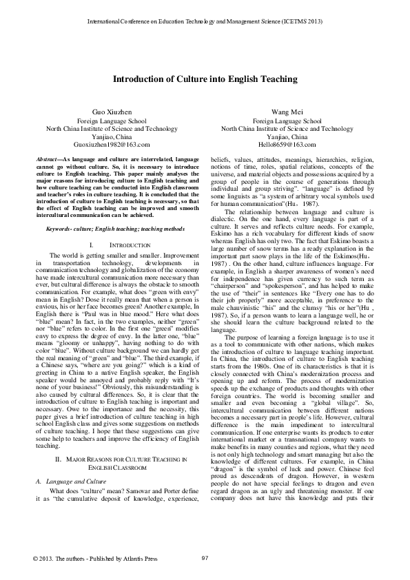 (PDF) Introduction of culture into English teaching