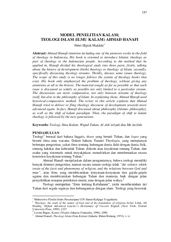 (PDF) Model Penelitian Kalam; Teologi Islam (Ilmu Kalam) Ahmad Hanafi
