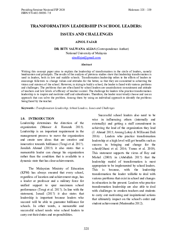 (PDF) Transformation Leadership in School Leaders: Issues and Challenges