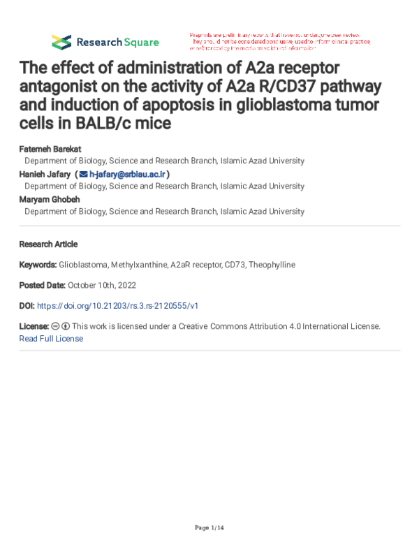 (PDF) The effect of administration of A2a receptor antagonist on the activity of A2a R/CD37 ...