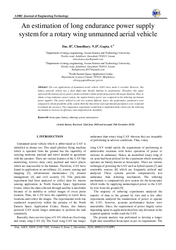 Pdf An Estimation Of Long Endurance Power Supply System For A Rotary Wing Unmanned Aerial Vehicle