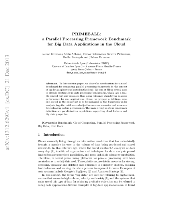 (PDF) PRIMEBALL: A Parallel Processing Framework Benchmark for Big Data Applications in the Cloud