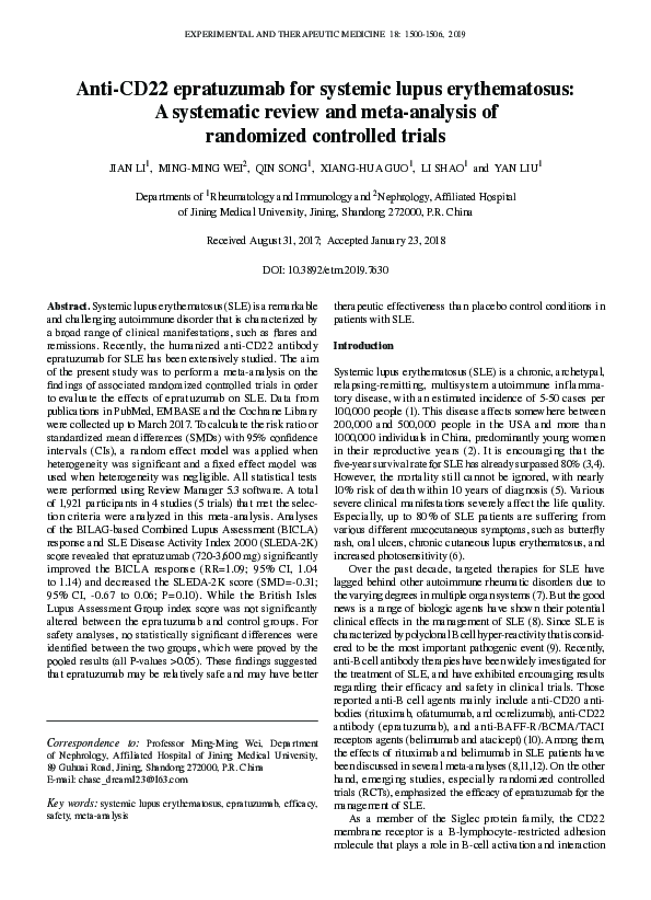 (PDF) Anti‑CD22 epratuzumab for systemic lupus erythematosus: A systematic review and meta ...