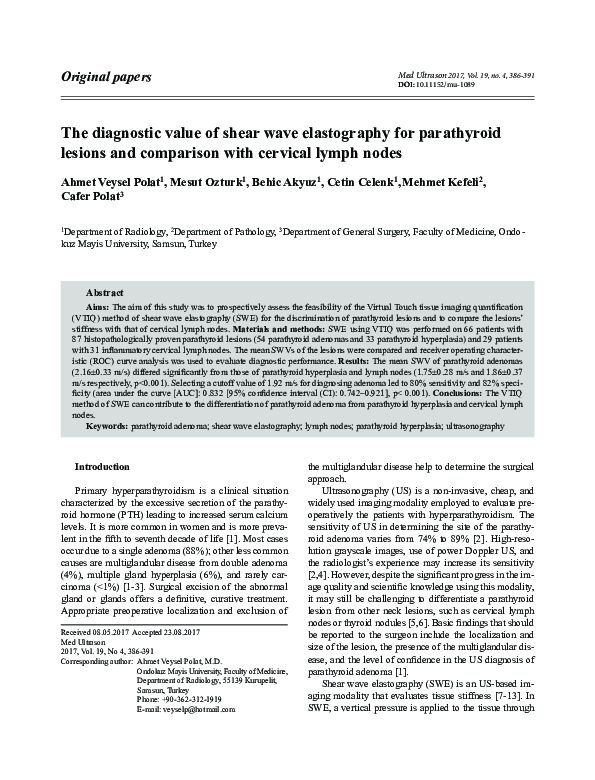 (PDF) The diagnostic value of shear wave elastography for parathyroid lesions and comparison ...