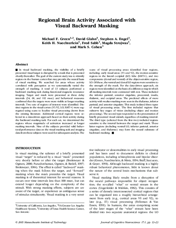 (PDF) Regional Brain Activity Associated with Visual Backward Masking