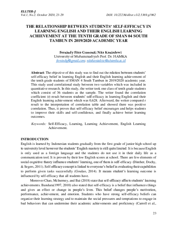 (PDF) ELLTER JOURNAL “The Relationship between Students’ Self-Efficacy in Learning English and ...