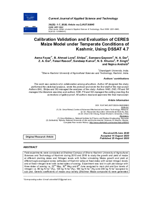Pdf Calibration Validation And Evaluation Of Ceres Maize Model Under Temperate Conditions Of
