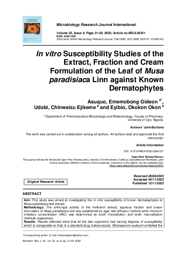 (PDF) In vitro Susceptibility Studies of the Extract, Fraction and ...