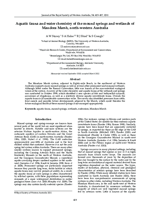(PDF) Aquatic fauna and water chemistry of the mound springs and ...