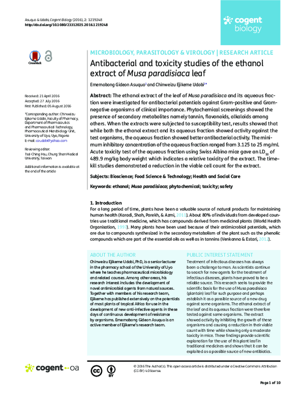 (PDF) Antibacterial and toxicity studies of the ethanol extract of Musa ...