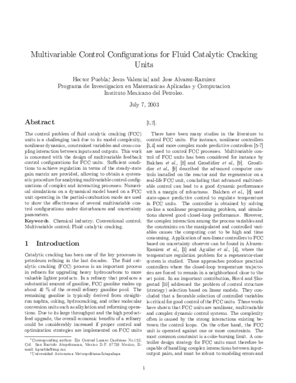 (PDF) Multivariable control configurations for fluid catalytic cracking units