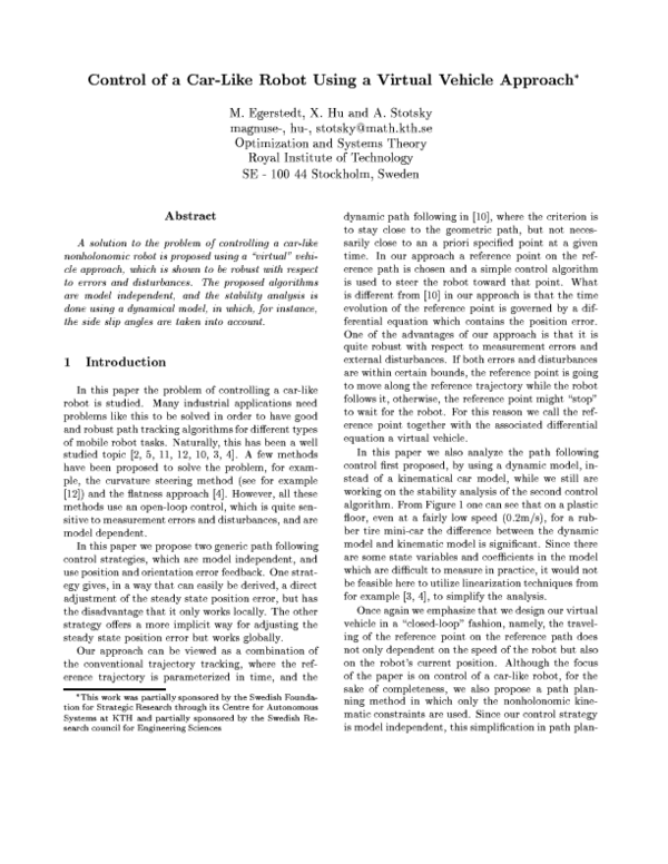 (PDF) Control of a car-like robot using a virtual vehicle approach