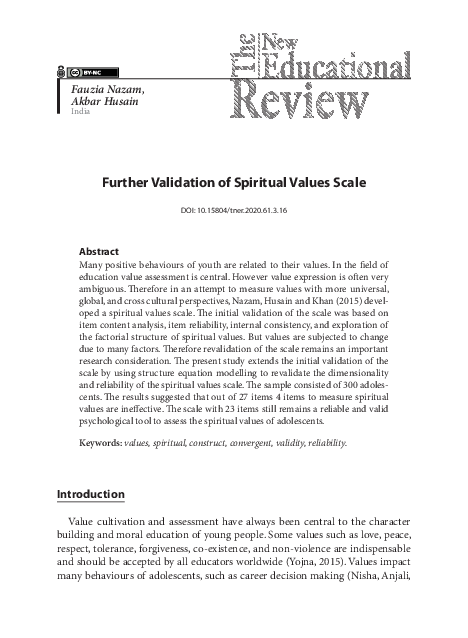 (PDF) Further Validation of Spiritual Values Scale